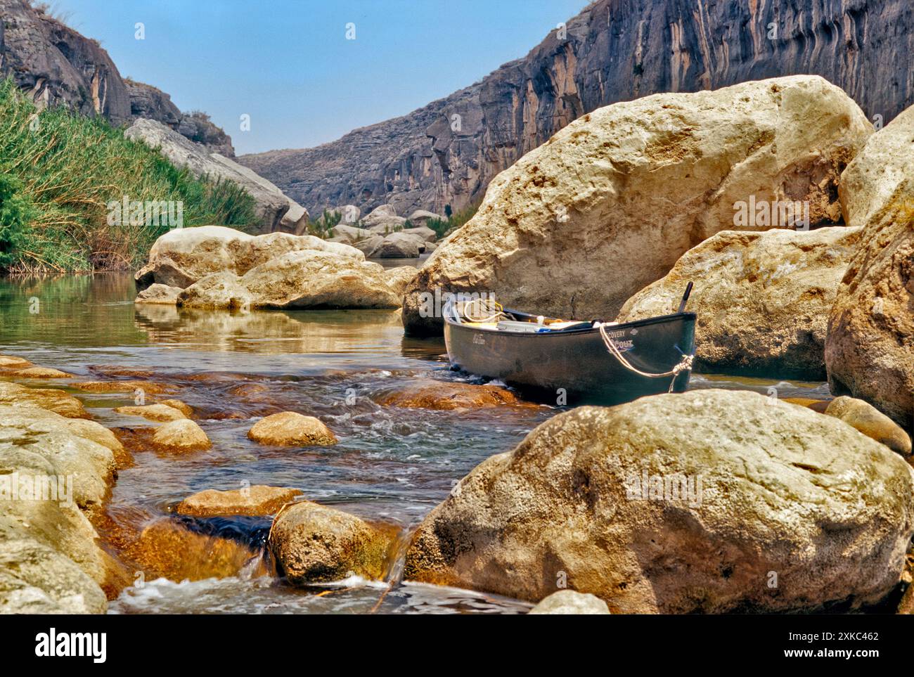 Canoe, boulders at Lake Amistad, Pecos River, Edwards Plateau, Texas ...