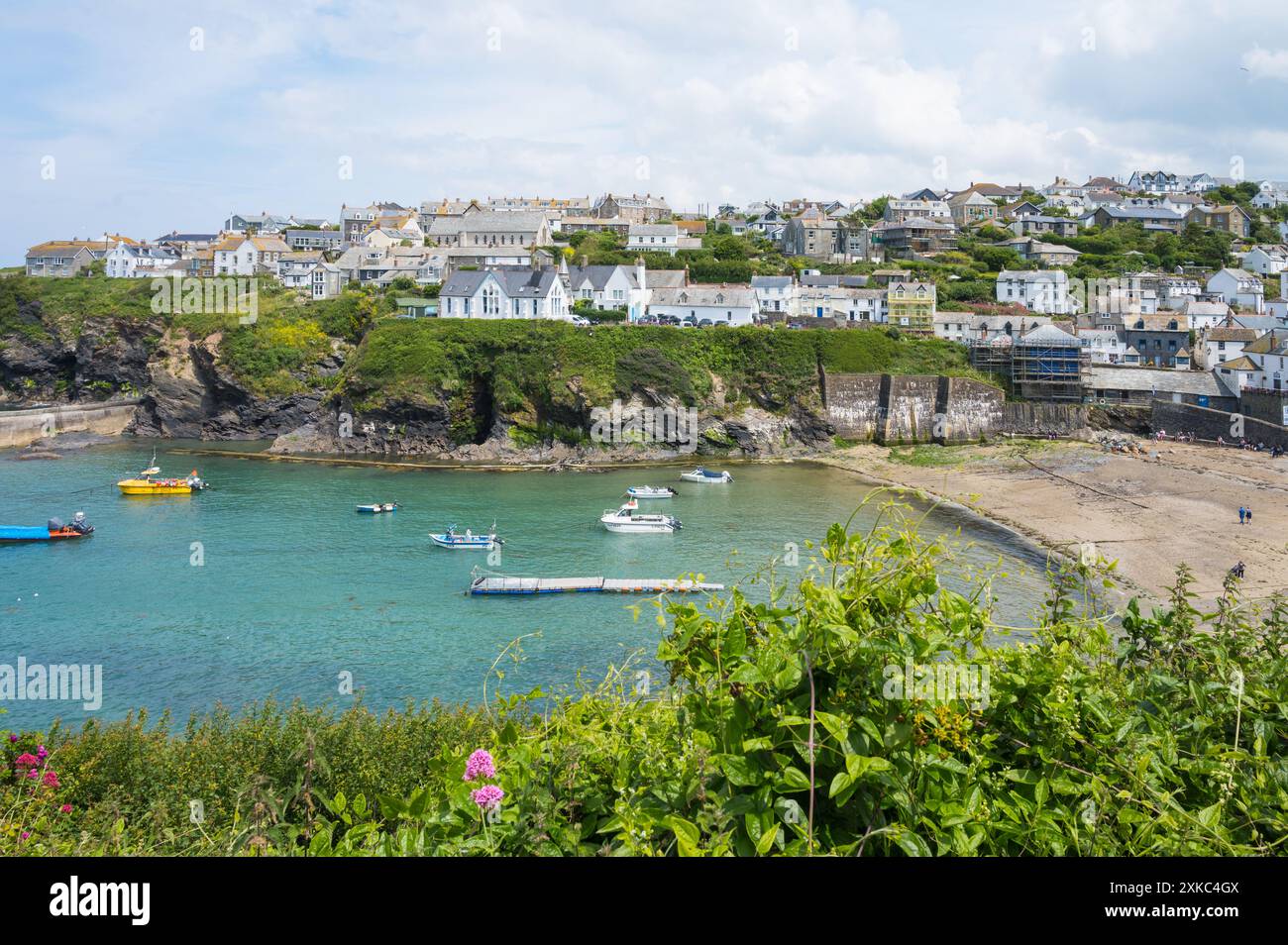View from Roscarrock Hill over Port Isaac village and harbour Cornwall ...