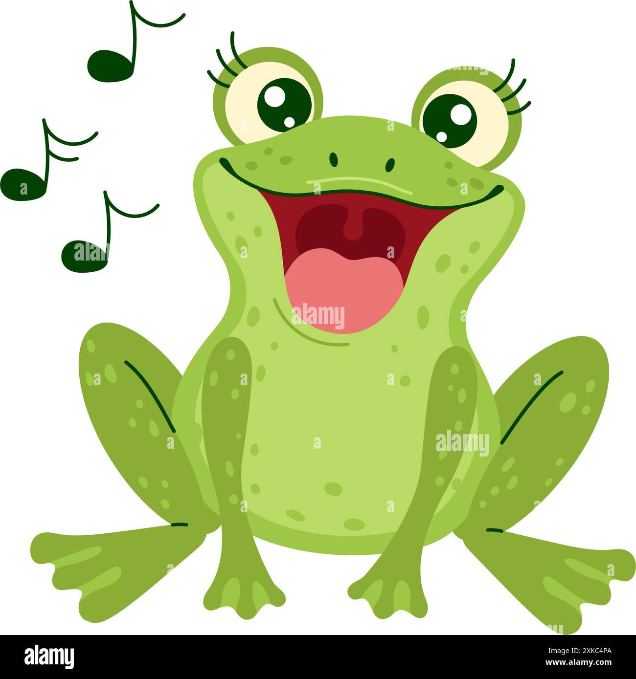 A cute green frog with large eyes and an open mouth singing, with ...
