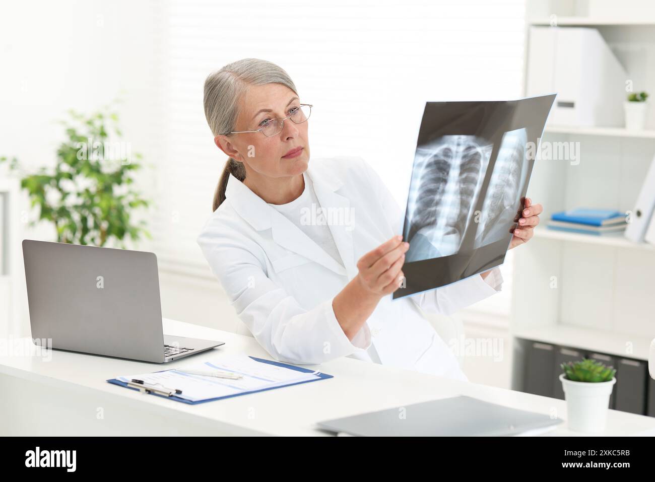 Lung disease. Doctor examining chest x-ray at table in clinic Stock ...