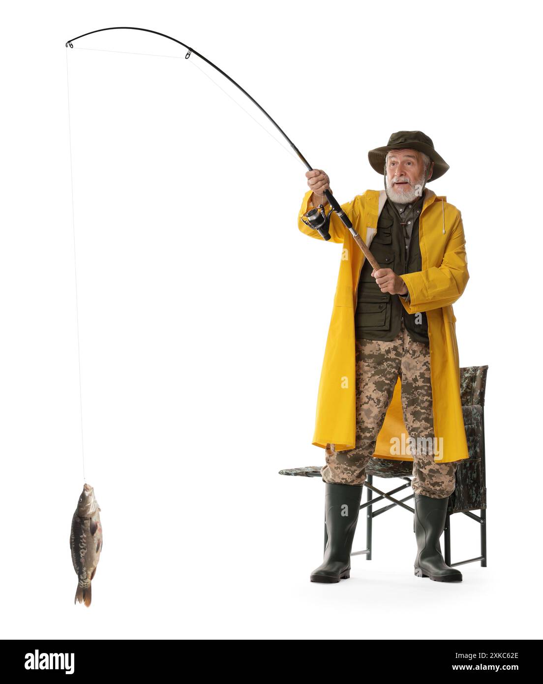 Fisherman with rod and catch on white background Stock Photo - Alamy