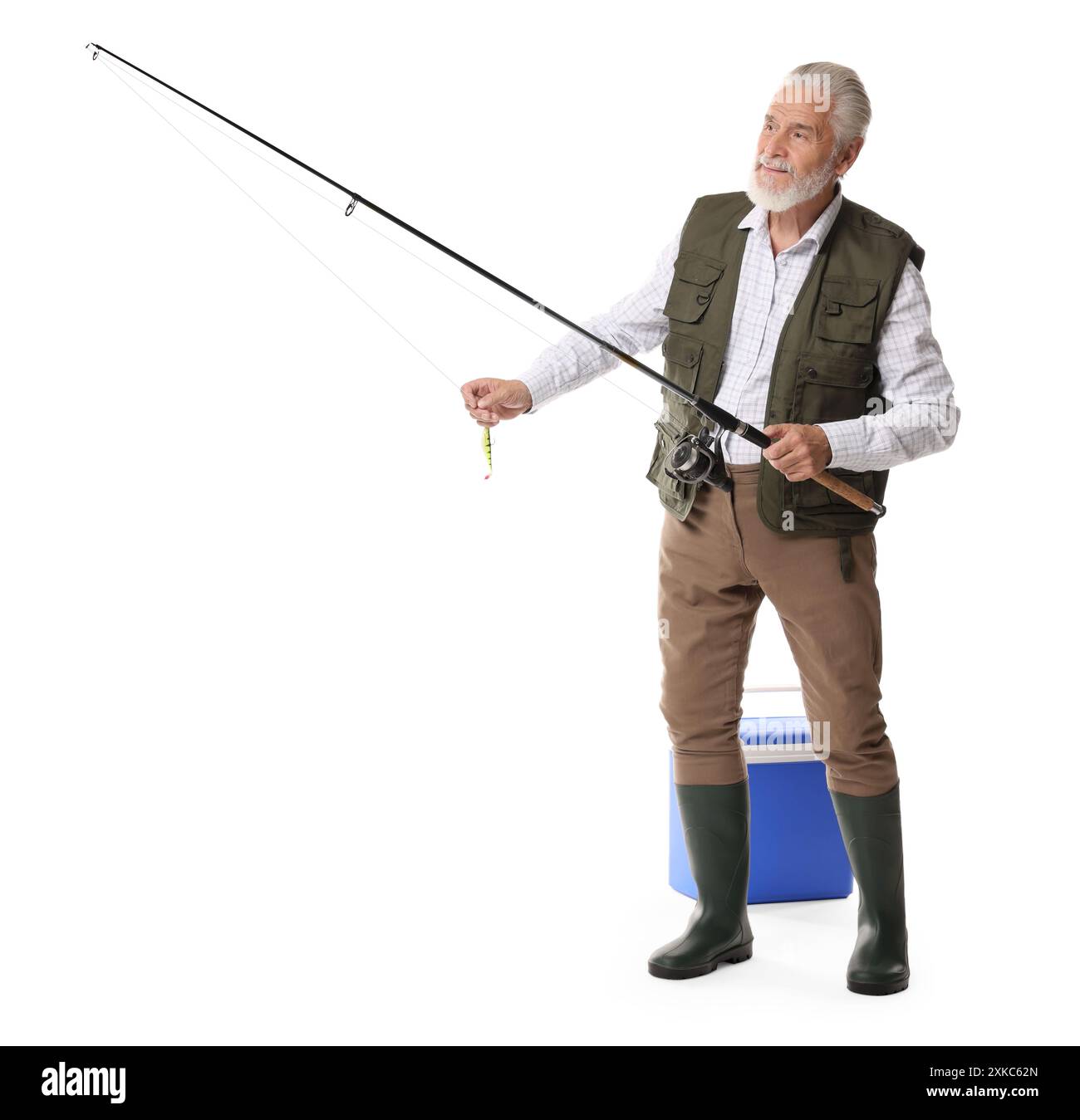 Fisherman with rod and cool box on white background Stock Photo - Alamy