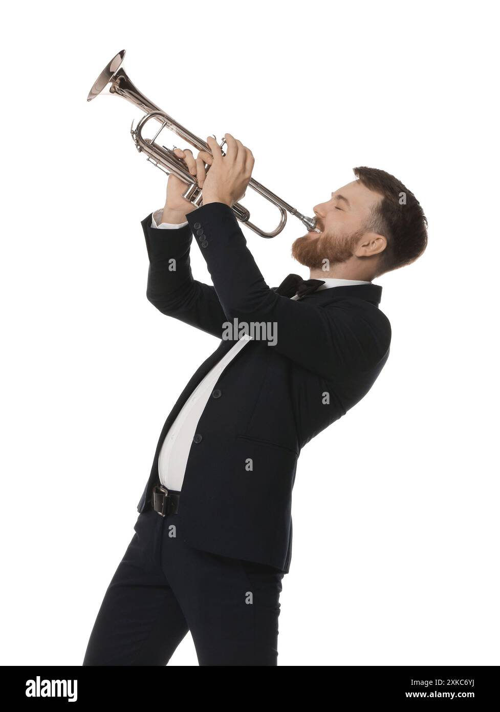 Handsome musician playing trumpet on white background Stock Photo - Alamy