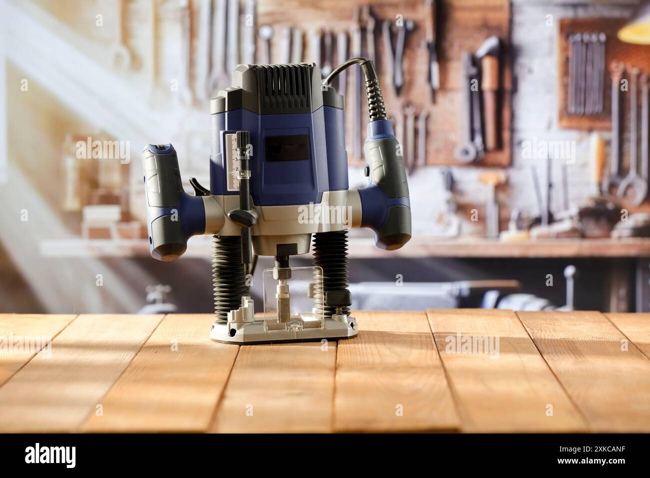 Milling cutting tool machine on a wooden workbench in a craftsman's ...