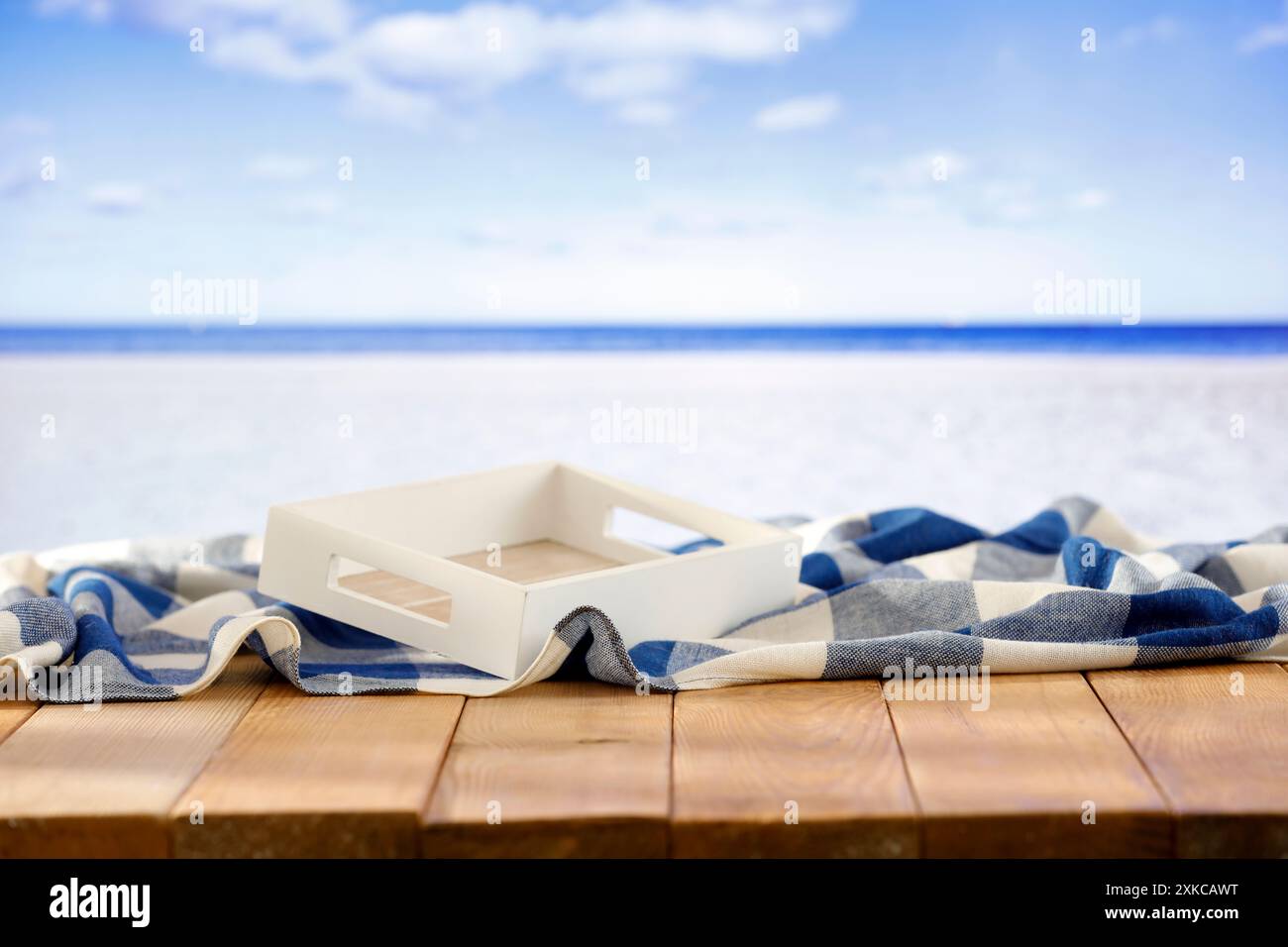 Beach table background with copy space for products. Tropical beach ...