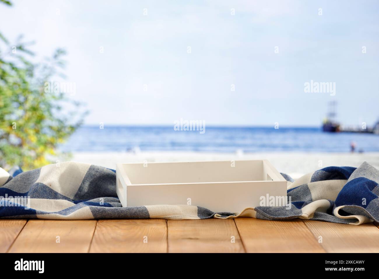 Beach table background with copy space for products. Tropical beach ...