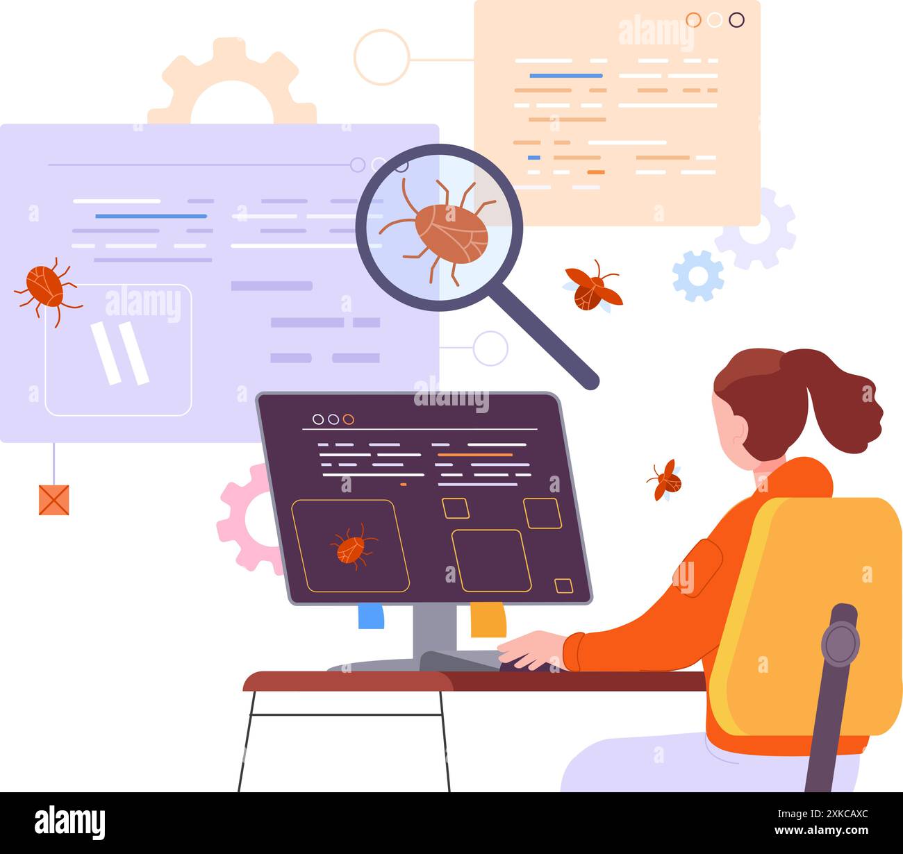 Bug tester. Woman programmer testing software system for error or virus ... Bug tester. Woman programmer testing software system for error or virus ...