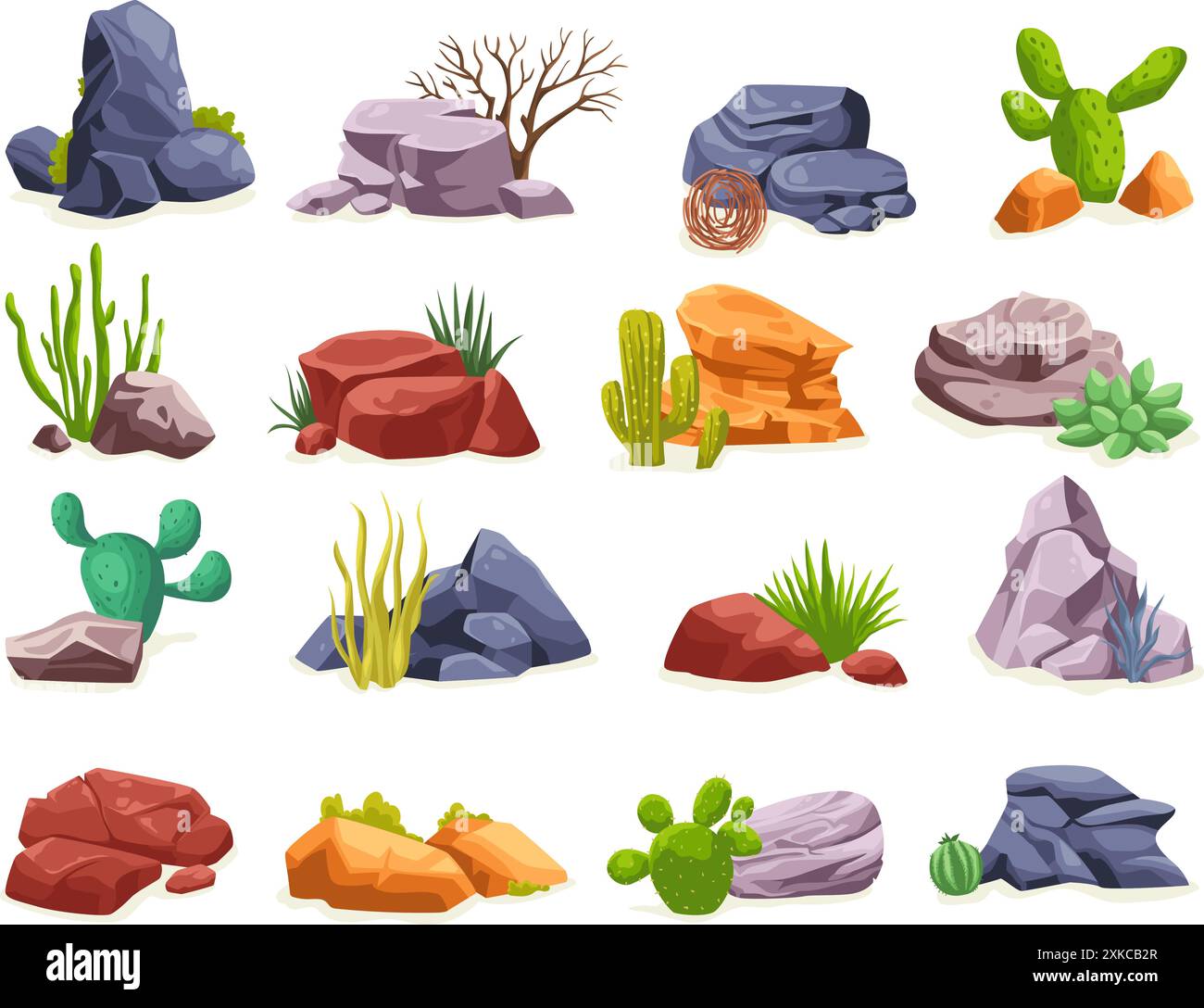 Desert stones plant. Safari vegetation western plants with rocks, dry grass bush agave tumble ...