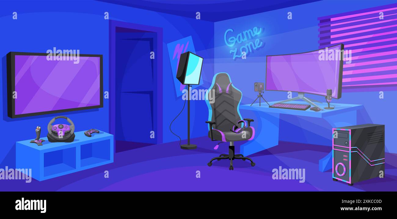 Gaming room interior. Teenager gamer night modern interior, teenage ...