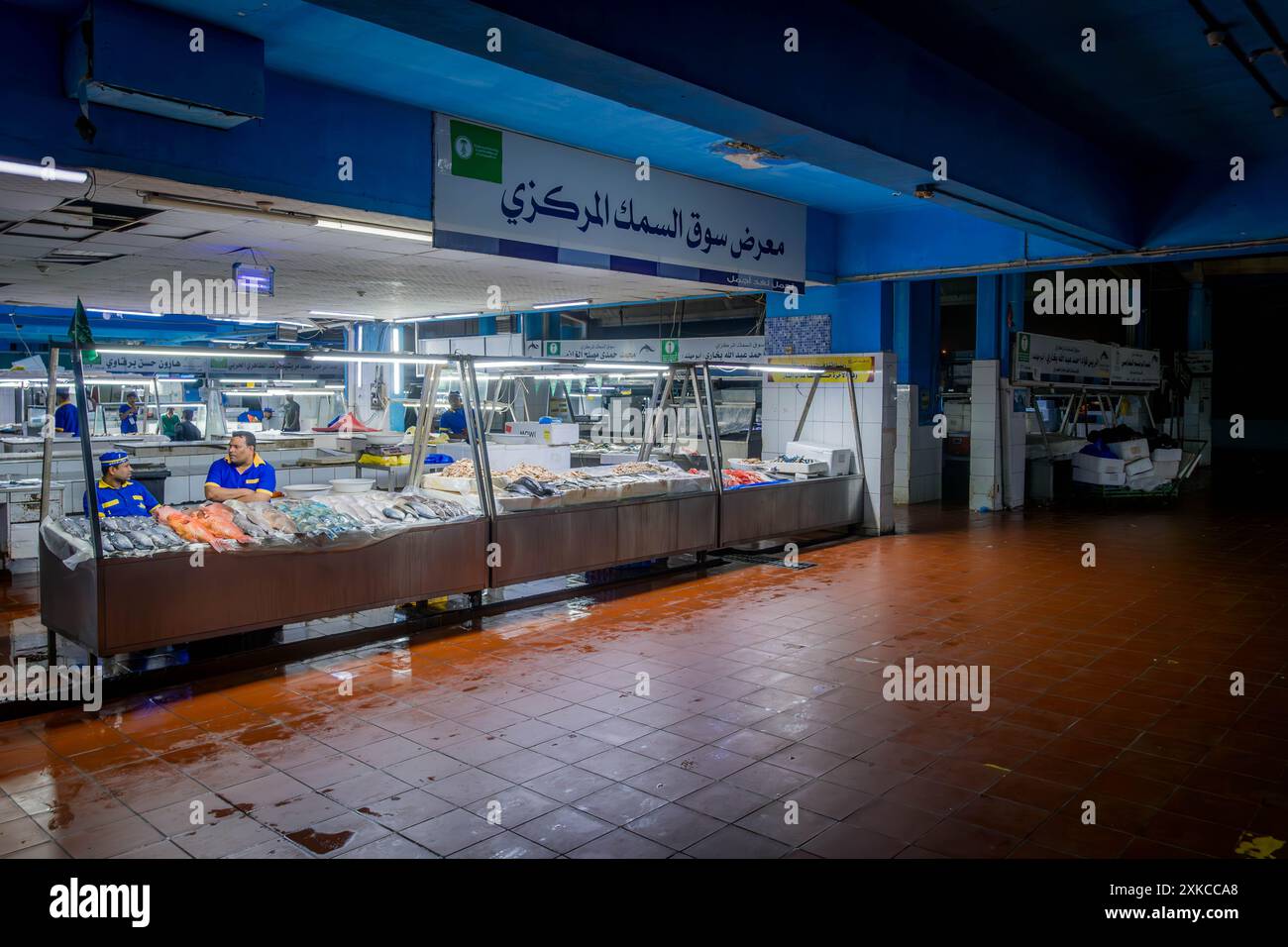 The seafood stalls at Jeddah fish market with fresh lobsters and fish ...
