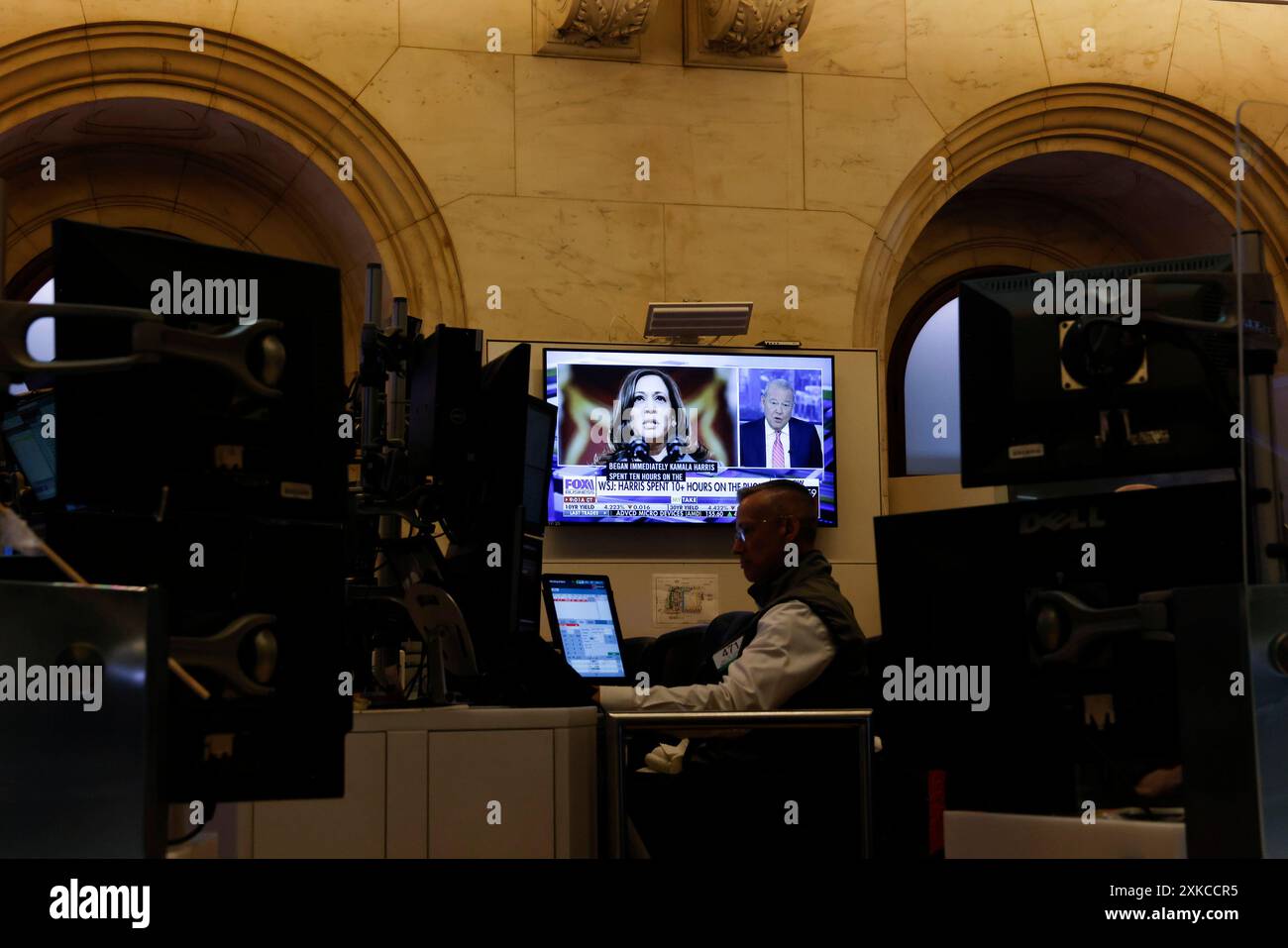 New York, United States. 22nd July, 2024. Screens on the floor of the ...