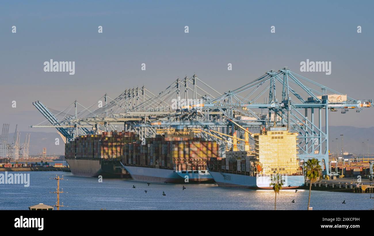 Los Angeles, California, USA - 12 January 2024: Large container ships ...