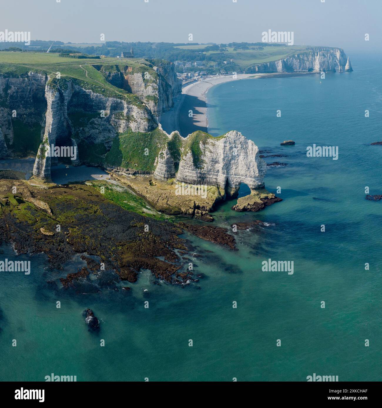 Aerial view of Etretat cliffs and the Atlantic ocean. Chalk cliffs and ...