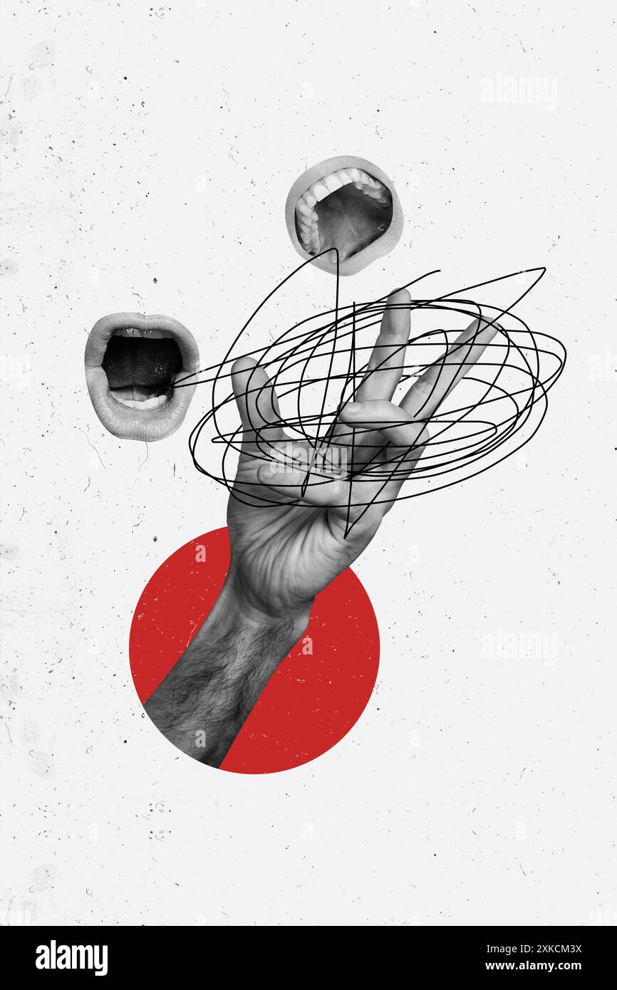 Vertical collage human hand body fragment drawing doodles scream shout ...