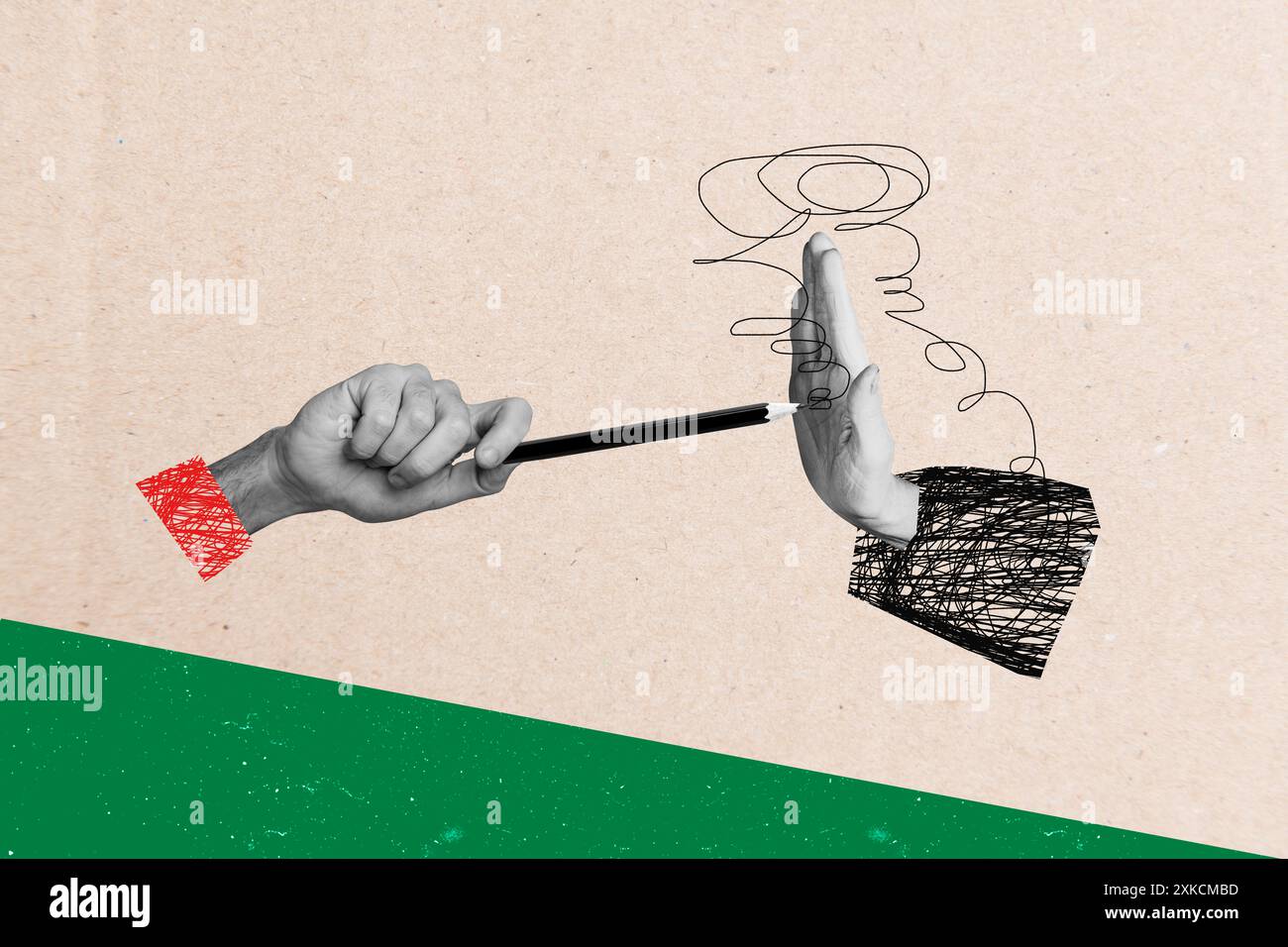 Creative collage picture human hand stop gesture sign show pencil ...