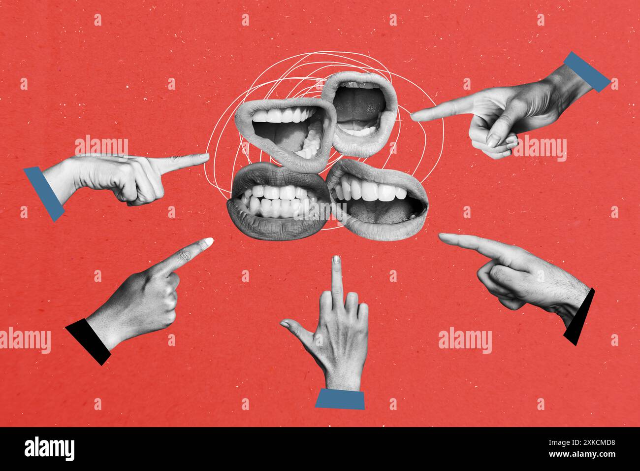 Creative collage human hands point show finger face fragments mouths ...
