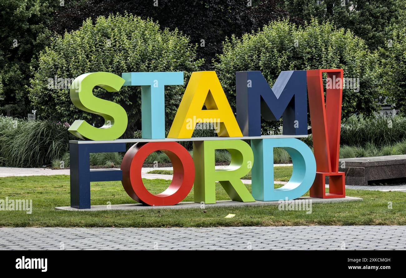 Stamford, CT - June 23, 2024: Colorful 3D STAMFORD sign in a public ...