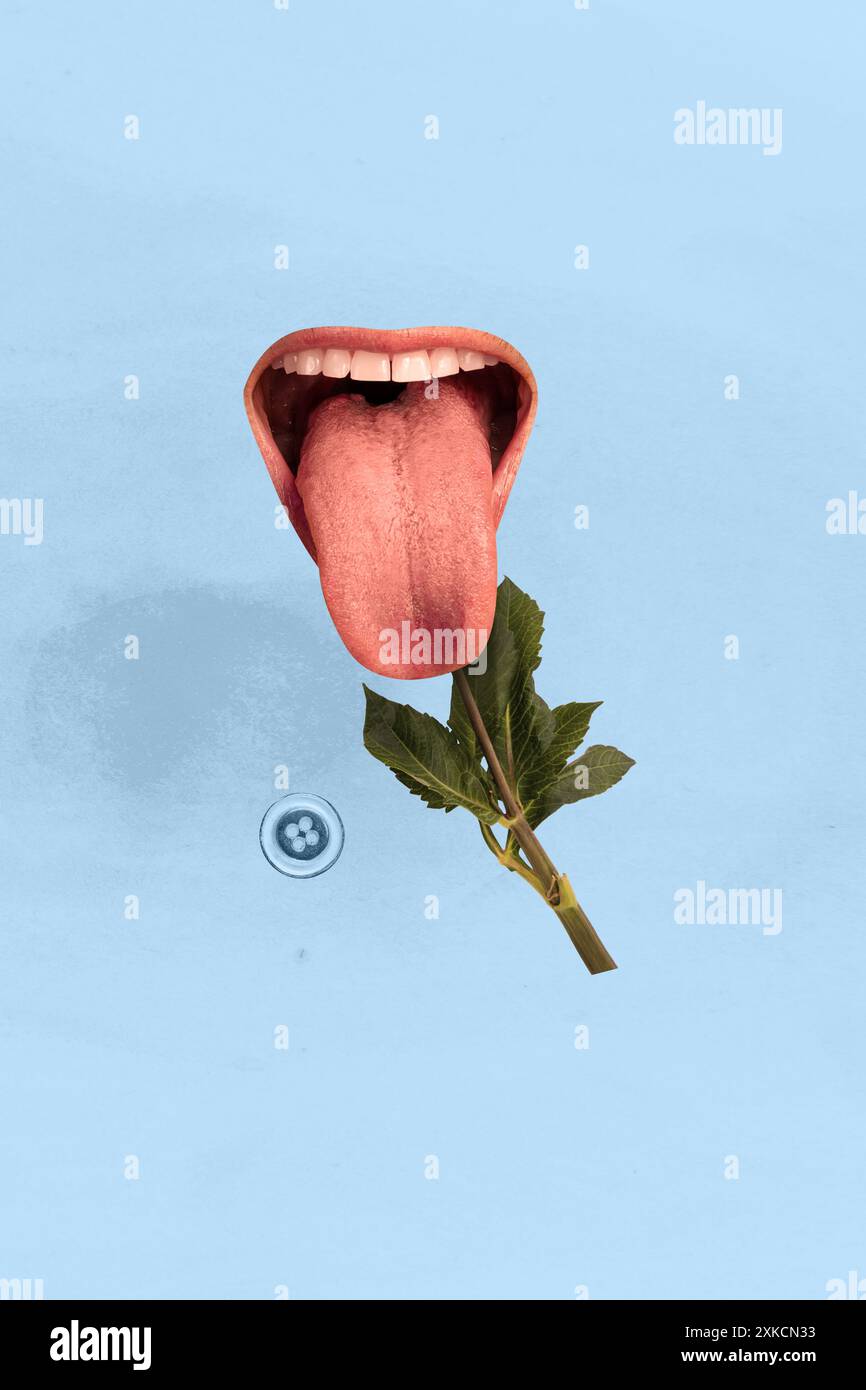 Vertical collage image face fragment psychedelic mouth lick mint plant ...