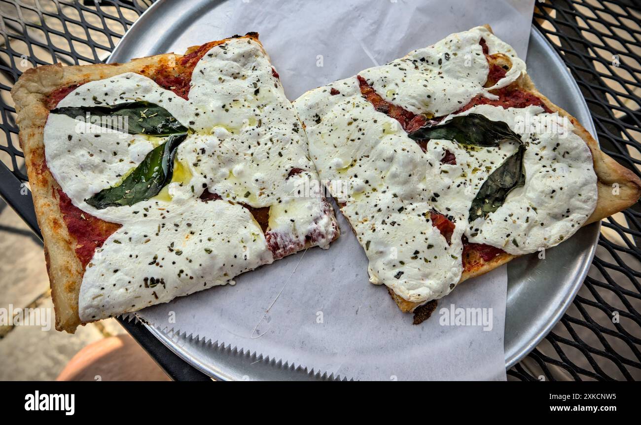 two square slices of sicilian style pizza (fresh white mozzarella basil ...