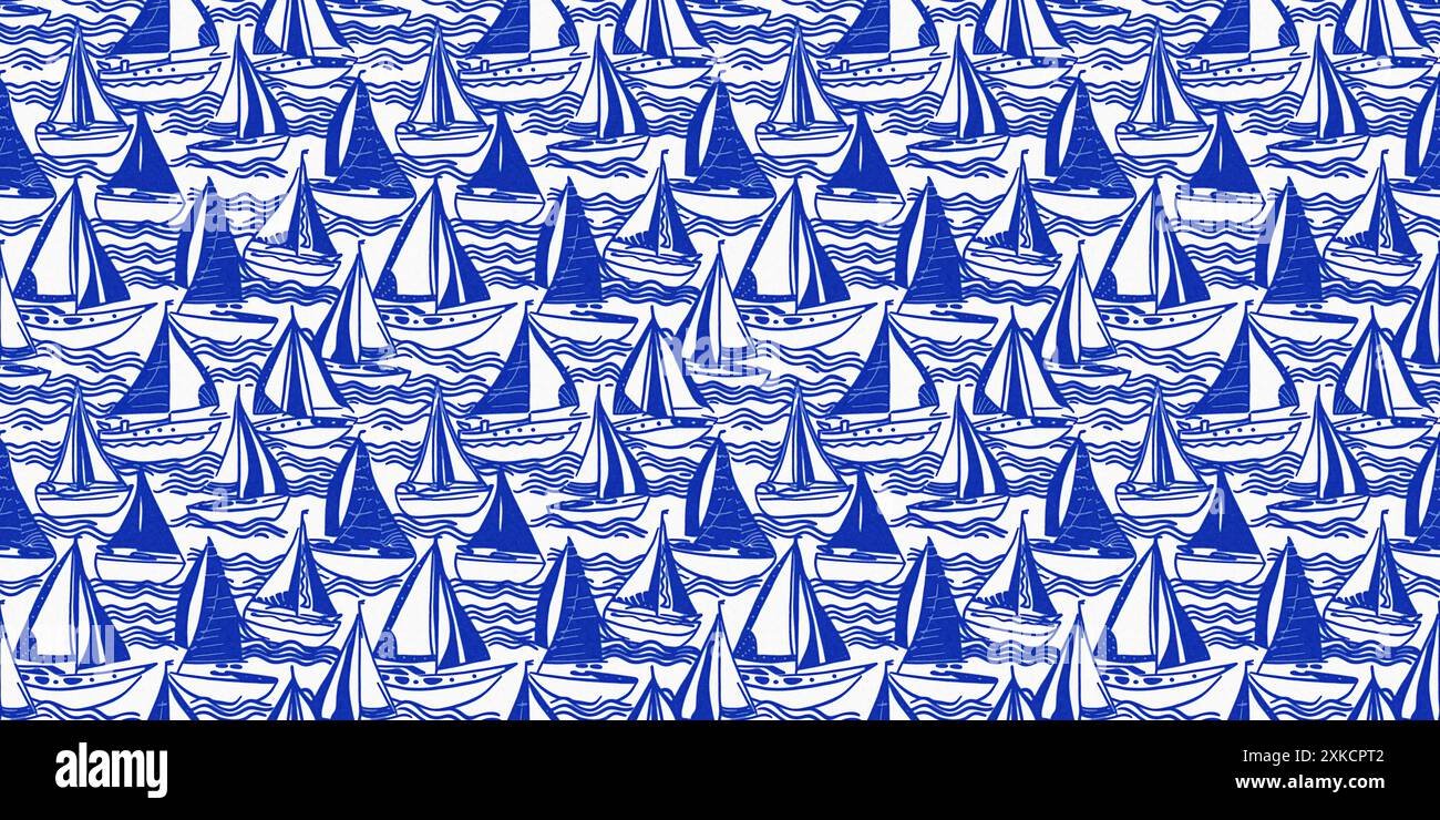 Coastal sail boat in azure ocean blue seamless border background ...