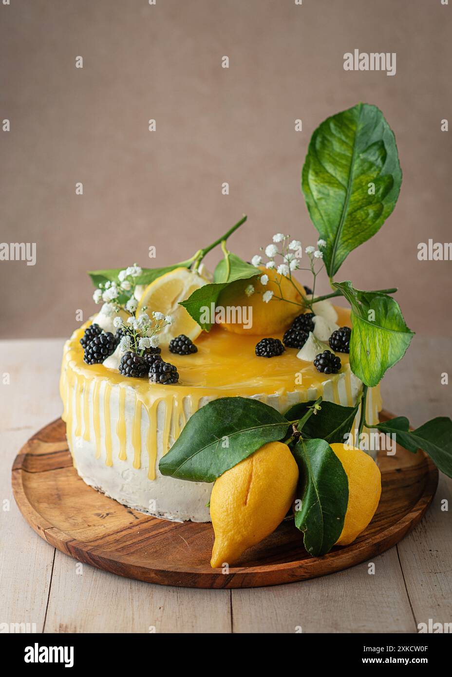 Lemon cake, beautifully decorated with lemons and leaves. Birthday ...
