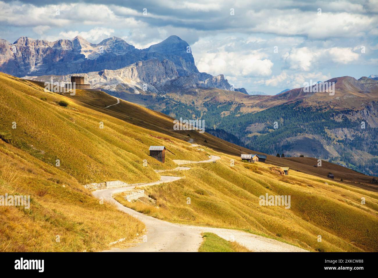 Mountain landscape in the autumn. View at Pordoi German war cemetery in ...