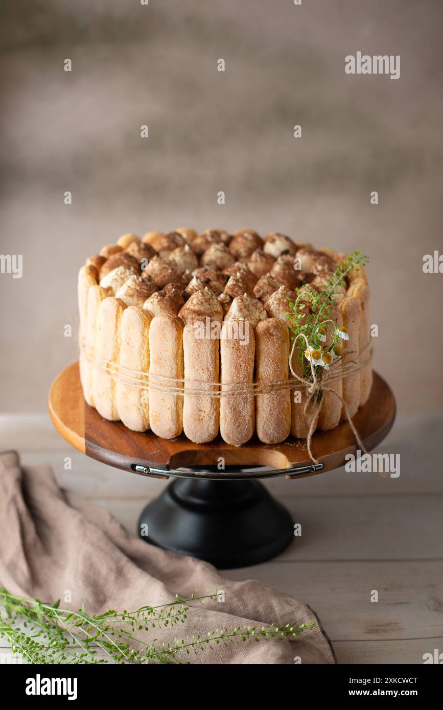 Tiramisu Cake. Beautifully decorated. Birthday cake Stock Photo - Alamy