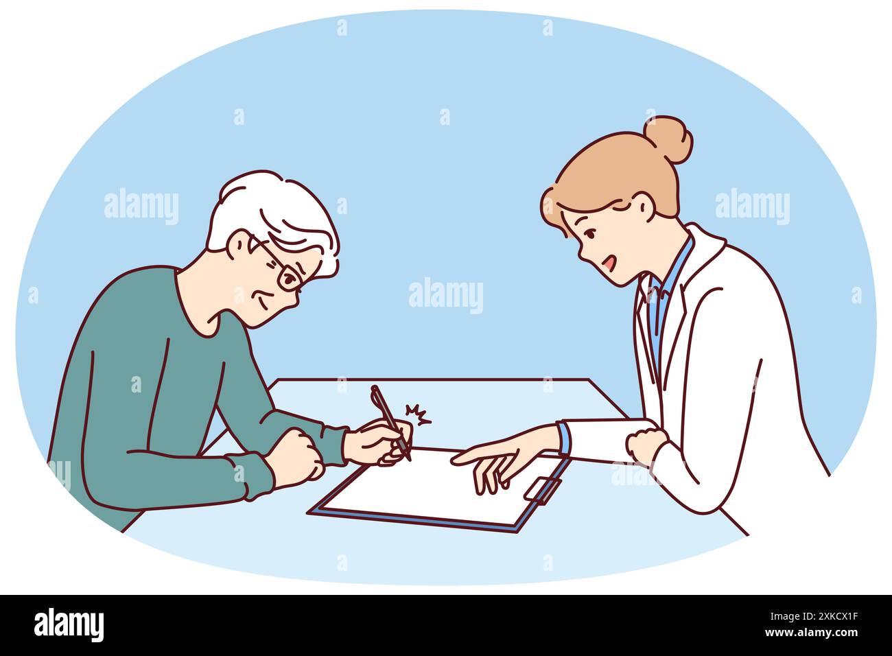 Elderly man sits near doctor filling out questionnaire for insurance ...