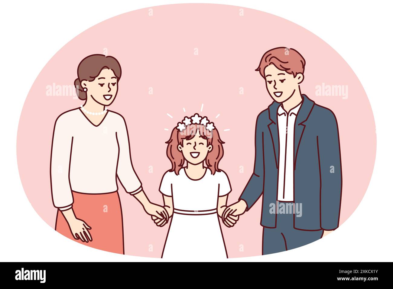 Little girl along with father and mother on day of holy communion ...