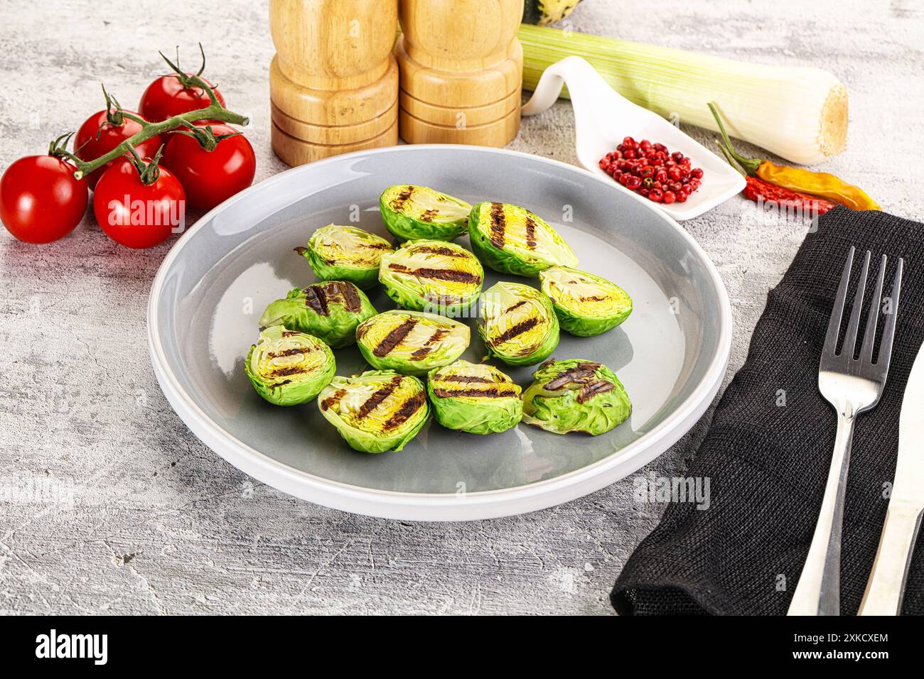 Vegan cuisine Grilled green brussel sprout cabbage Stock Photo - Alamy