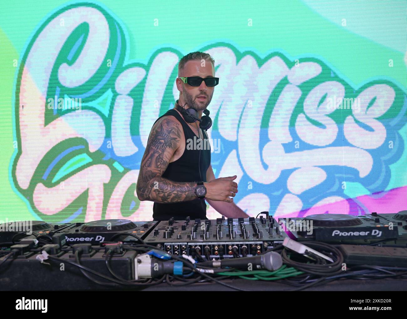 LONDON, ENGLAND - JULY 21 2024: DJ Lewis Jenkins and Little miss jack ...
