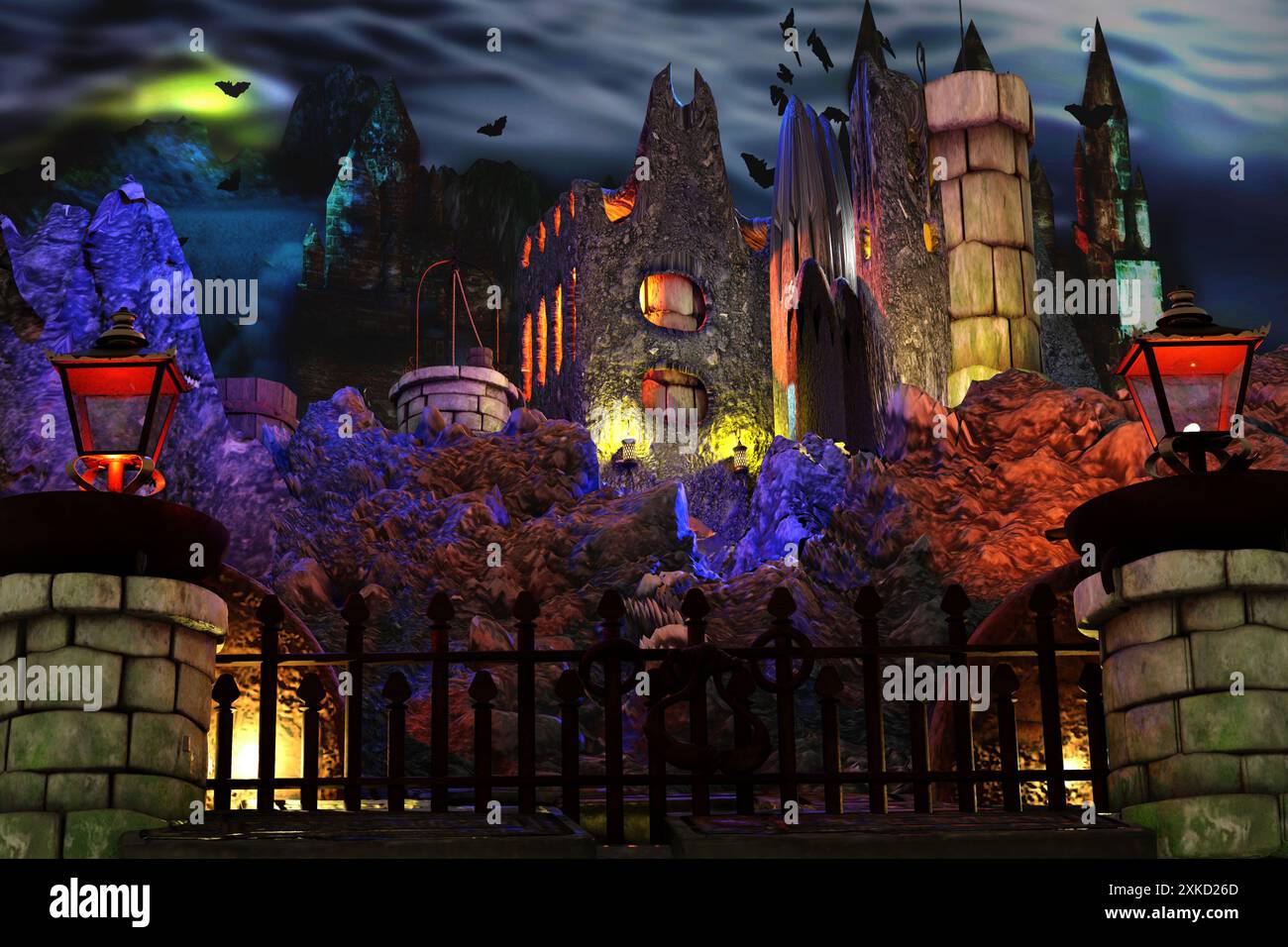 Halloween colorful background with creepy haunted spooky castle in the ...