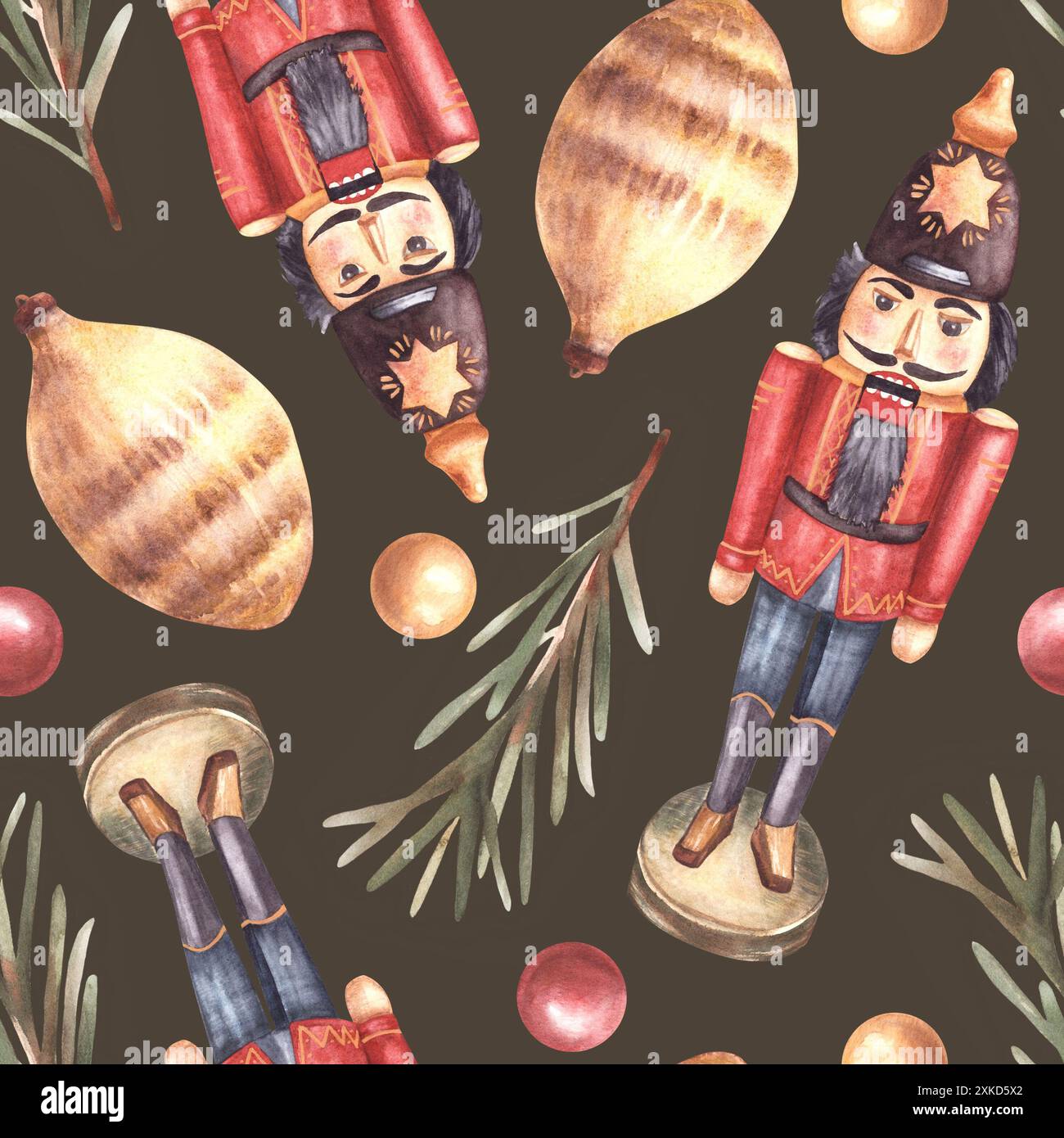 Nutcracker with spruce branch and Christmas tree watercolor ornaments. Red, gold balls, cone toy ...