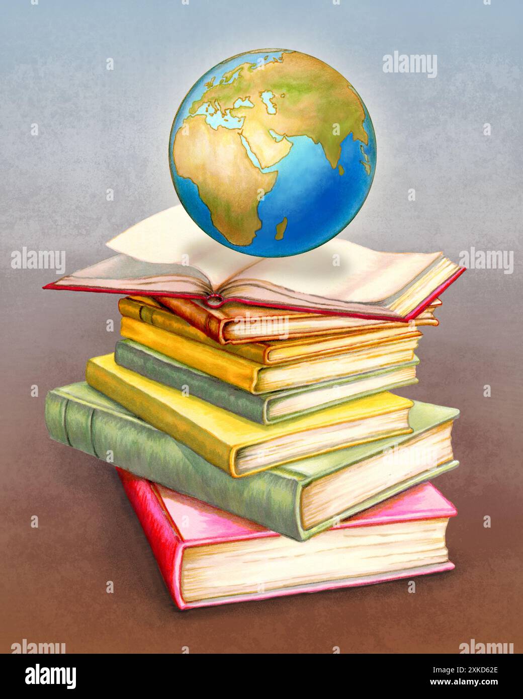 Earth globe on top of a pile of books. Mixed media illustration, my own ...