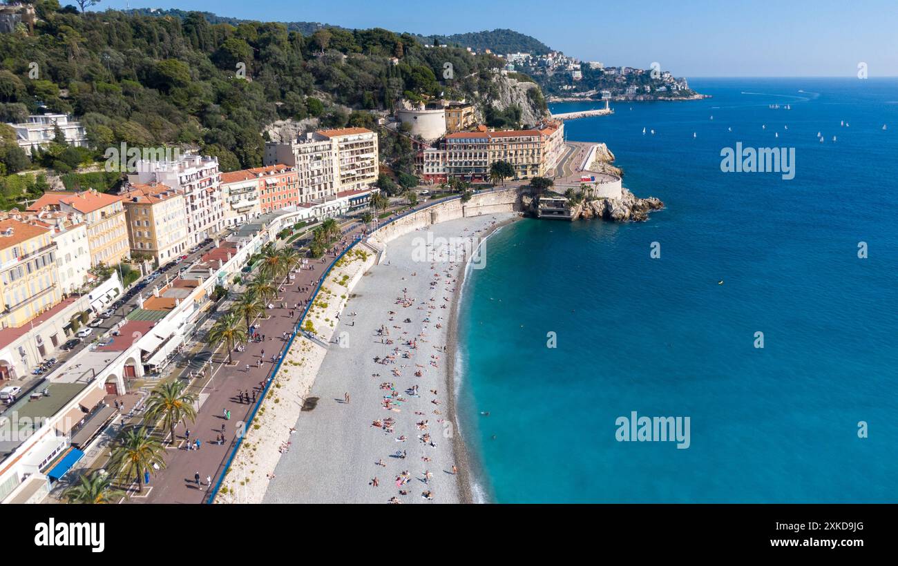Beautiful panorama of English Promenade in Nice, France. Palm trees ...