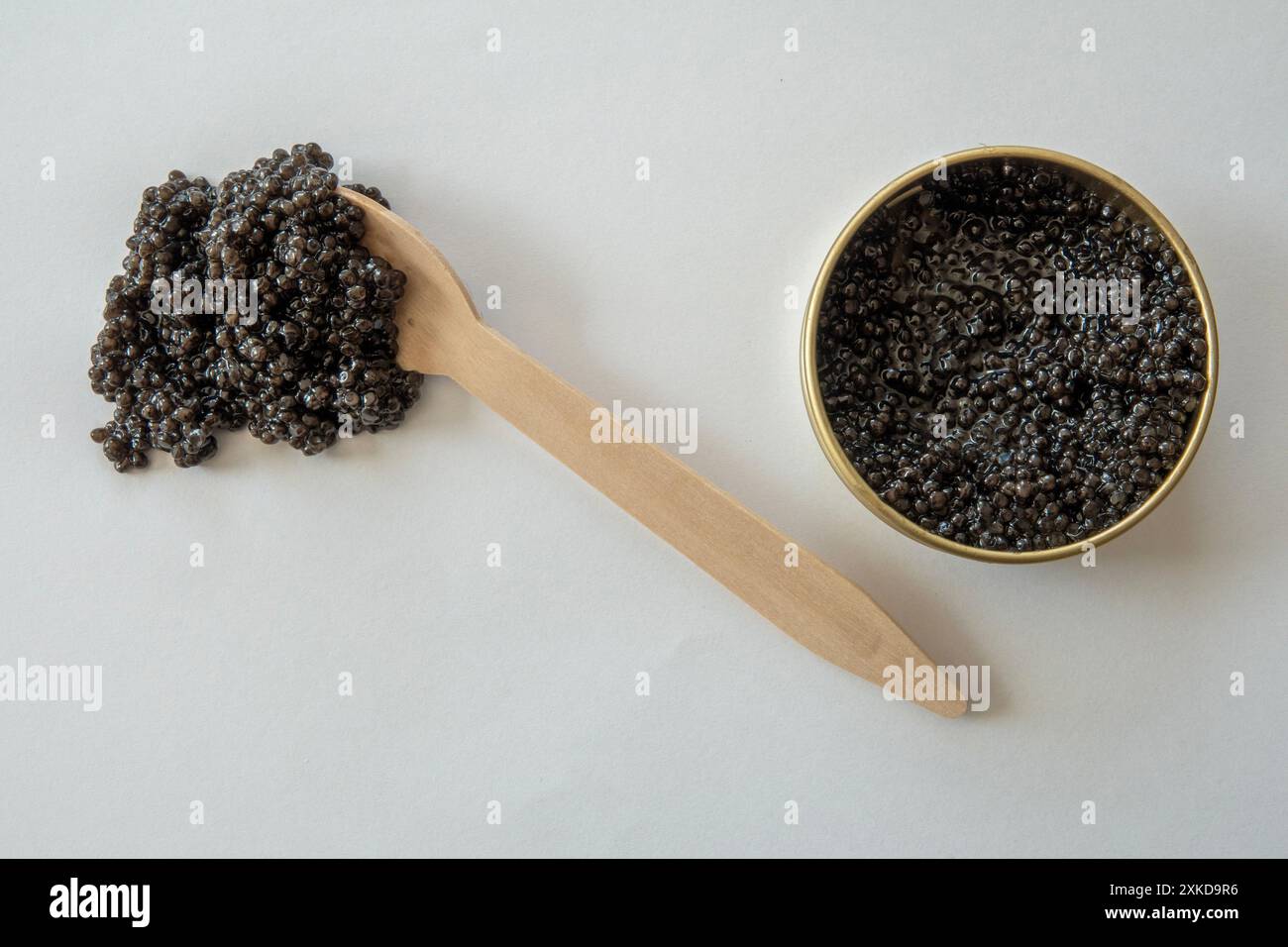Black caviar in and outside an open tin can with spoon on white ...