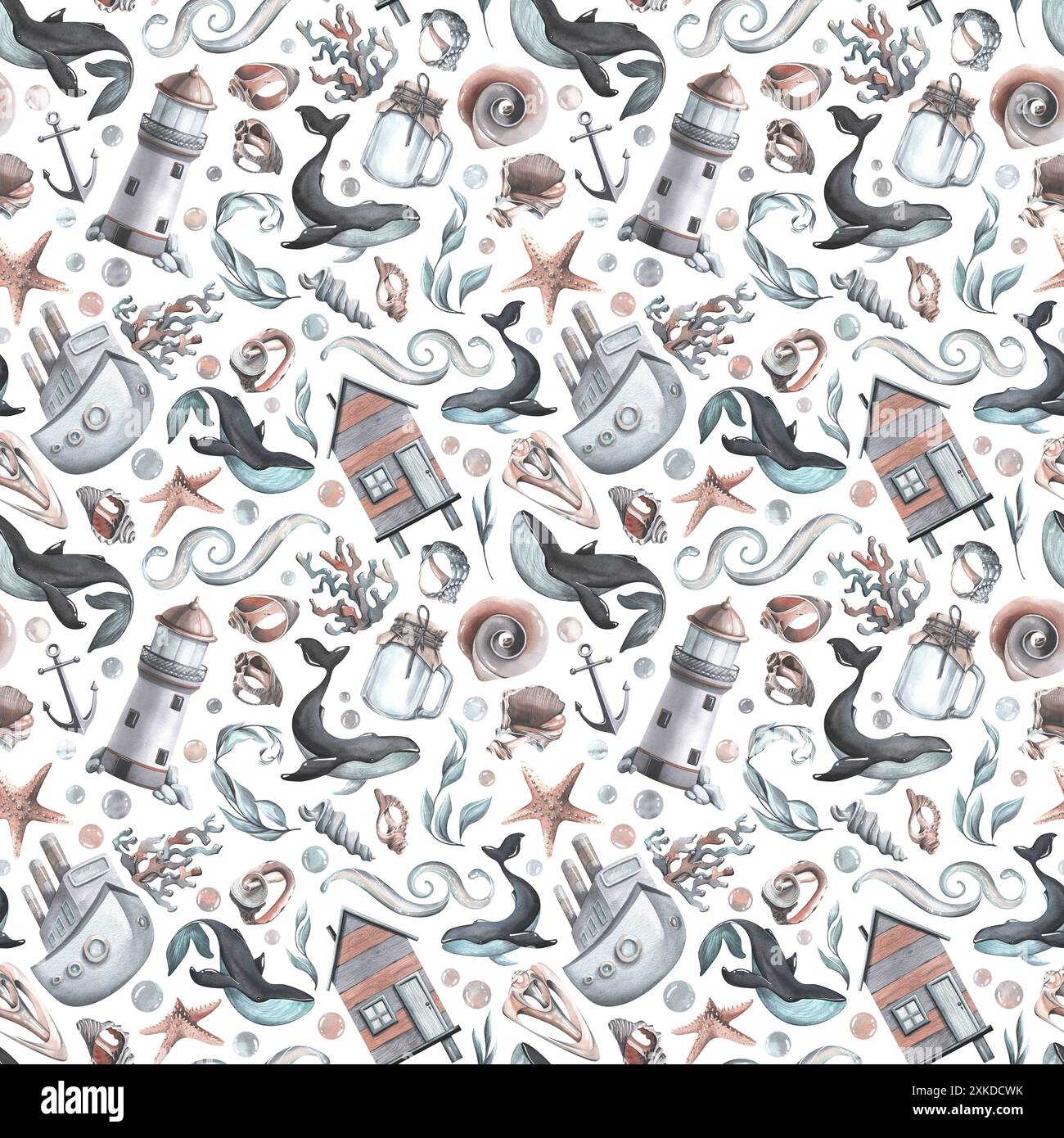 Nautical seamless pattern with whales, lighthouses, shells and a ...