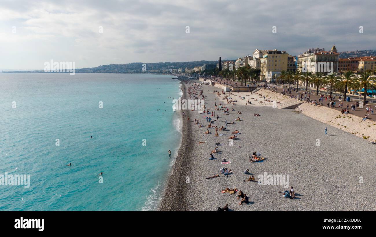 Beautiful panorama of English Promenade in Nice, France. Palm trees ...