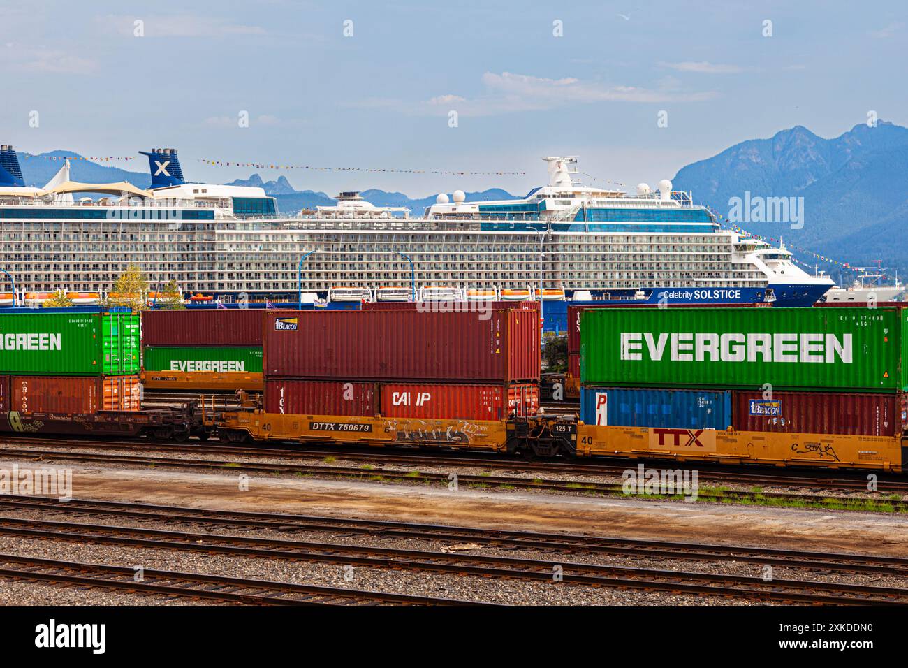 Cruise ship and container rail cars in Vancouver Canada Stock Photo - Alamy