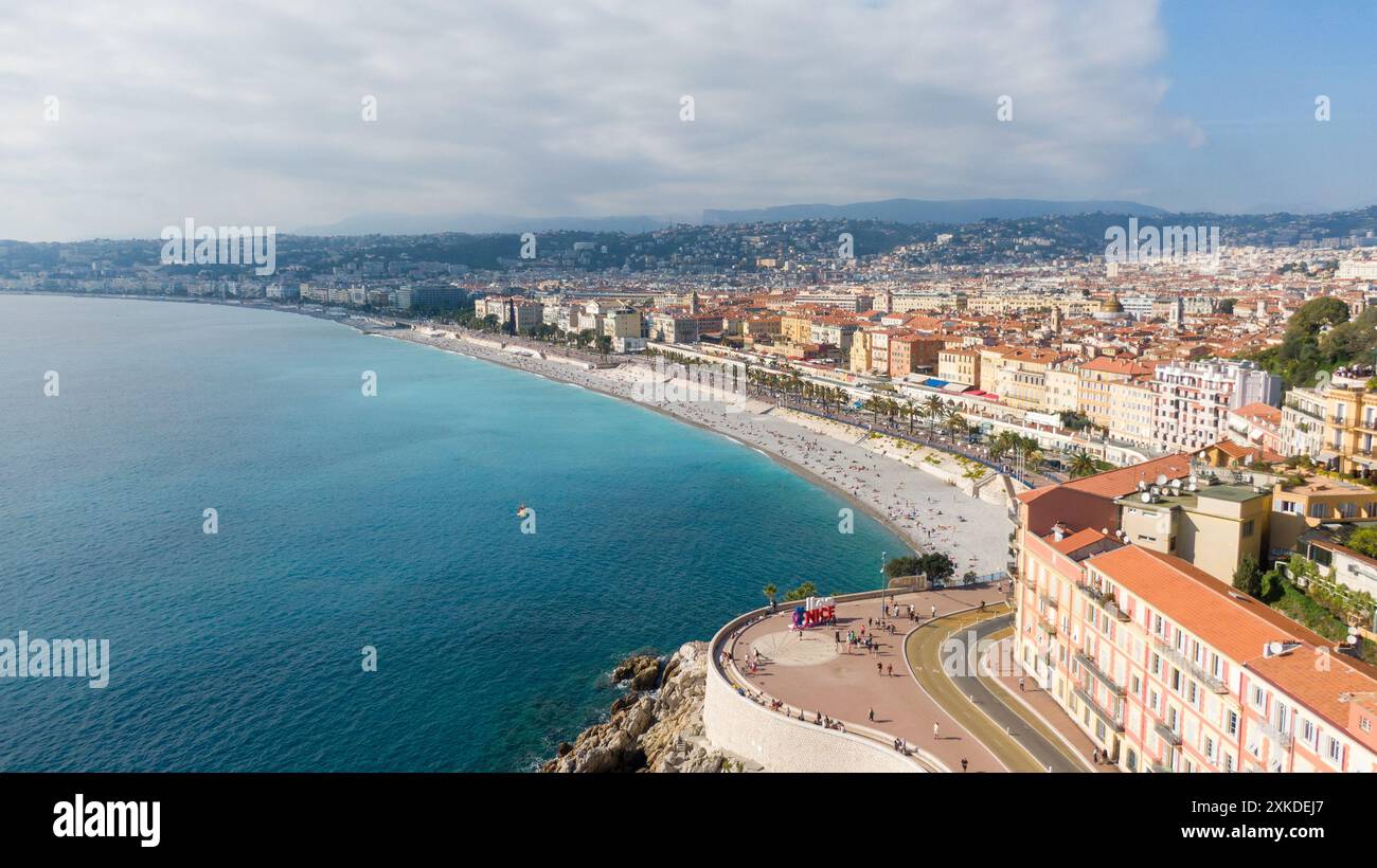 Beautiful panorama of English Promenade in Nice, France. Palm trees ...