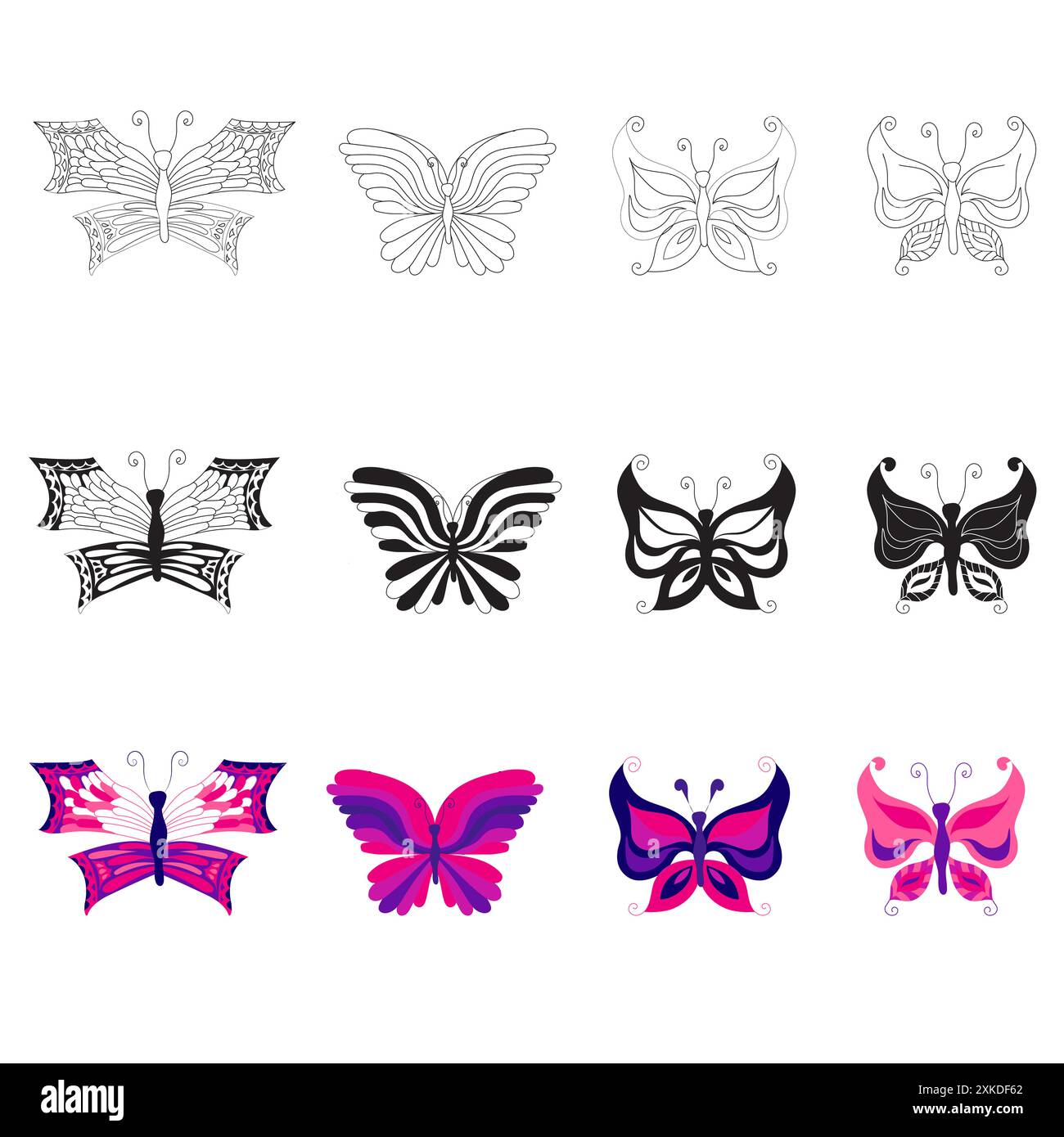 Set of butterflies in different flat, silhouette, doodle styles. Vector ...
