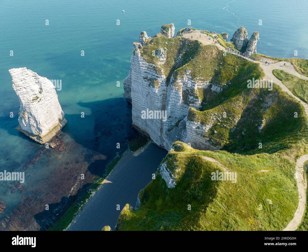 Aerial view of Etretat cliffs and the Atlantic ocean. Chalk cliffs and ...