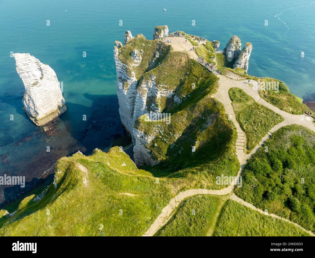 Aerial view of Etretat cliffs and the Atlantic ocean. Chalk cliffs and ...