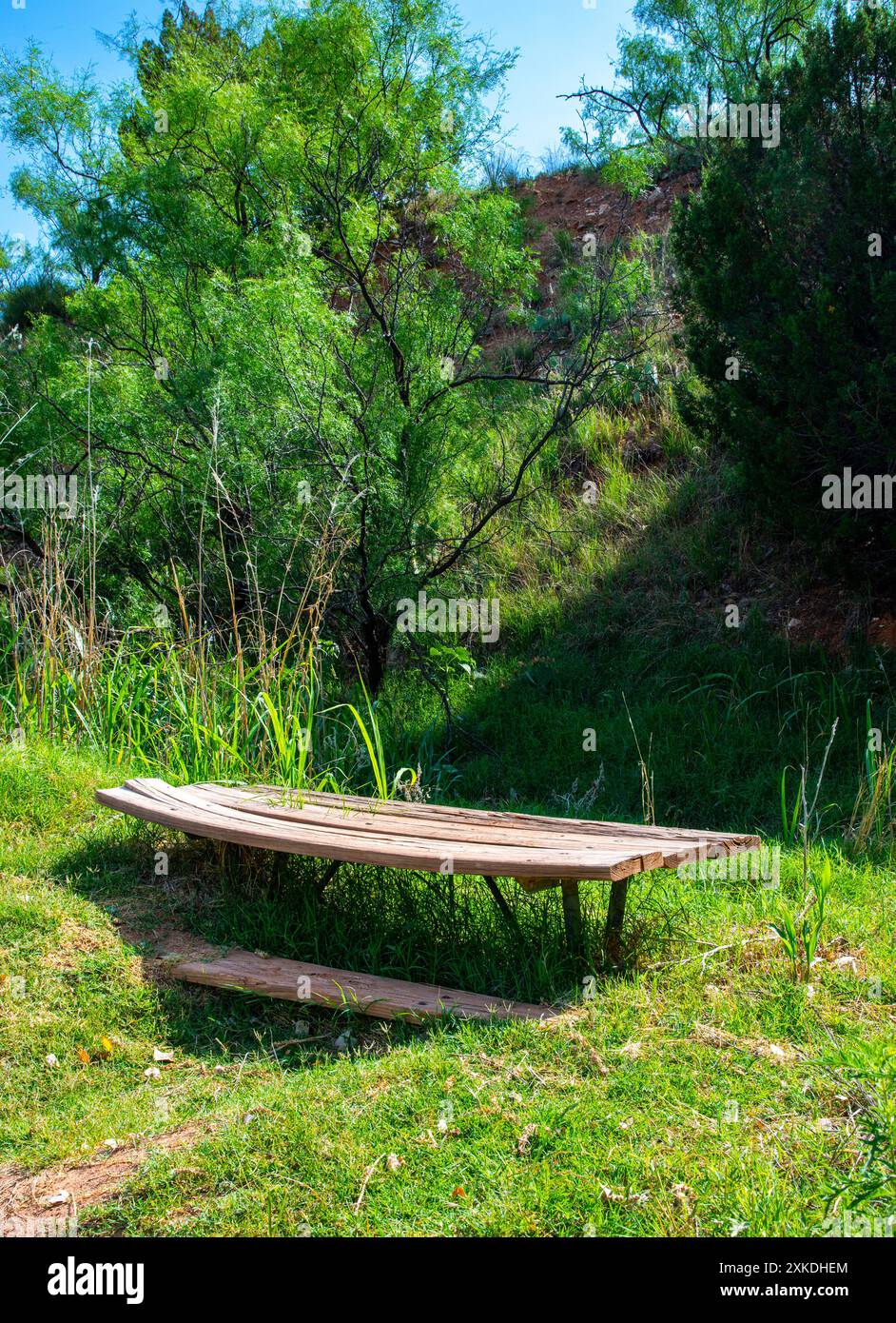 Over time a picnic table located next to a stream becomes buried with ...
