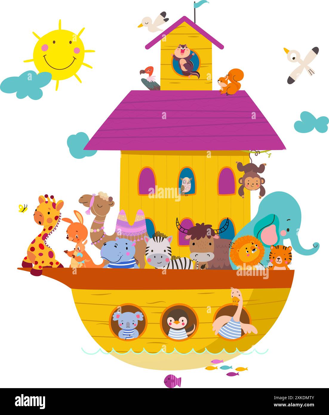 Noah ark. Animals on one ship or boat. Lion elephant penguin fox bear. Bible story illustration ...