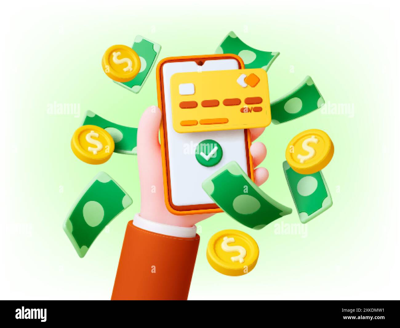 3d online pay. Credit debit card on smartphone screen. Flying cash and ...