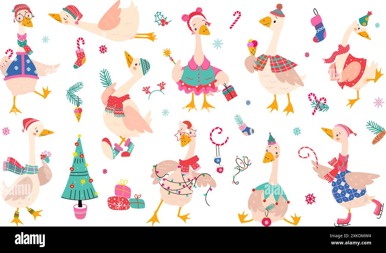 Christmas goose. New year geese wear winter holiday costumes and ...