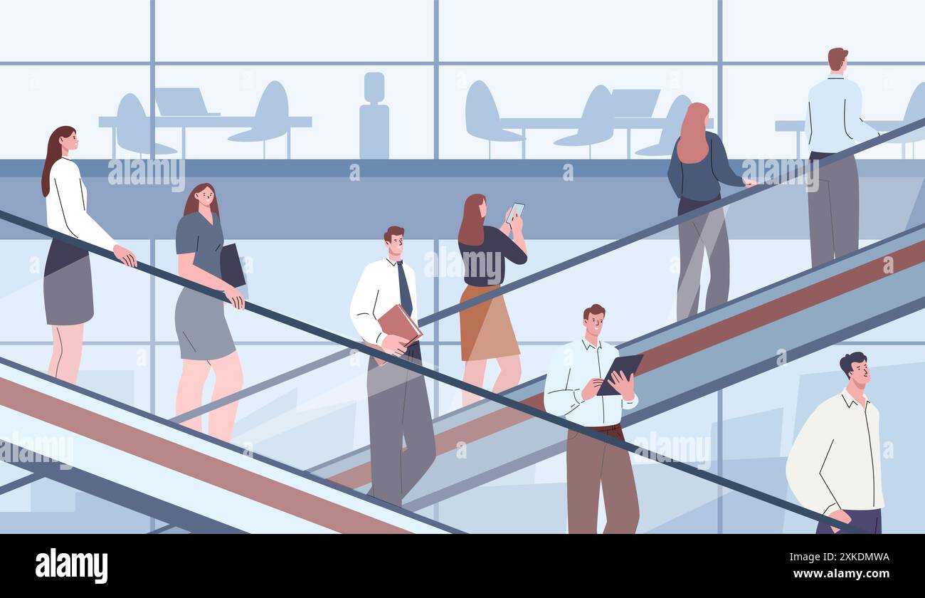 Business center. Office people moving on escalators up and down ...