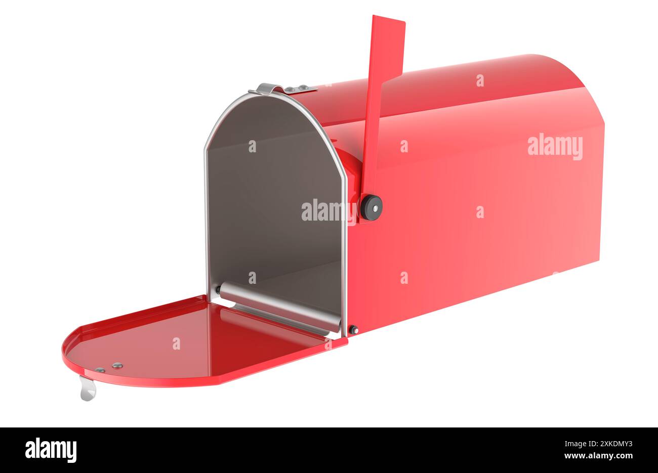 Opened empty red Mailbox with mailbox flag. 3D rendering isolated on ...