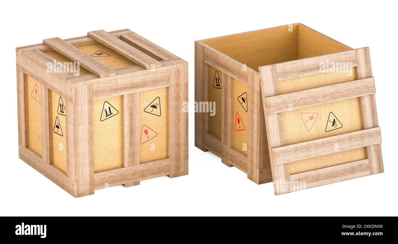 Wooden boxes. Opened and closed wood crates, parcels. 3D rendering ...